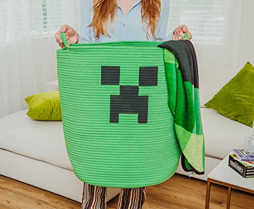Minecraft Green Creeper Woven Cotton Rope Hamper Storage Basket For Laundry, Dirty Clothes Organizer