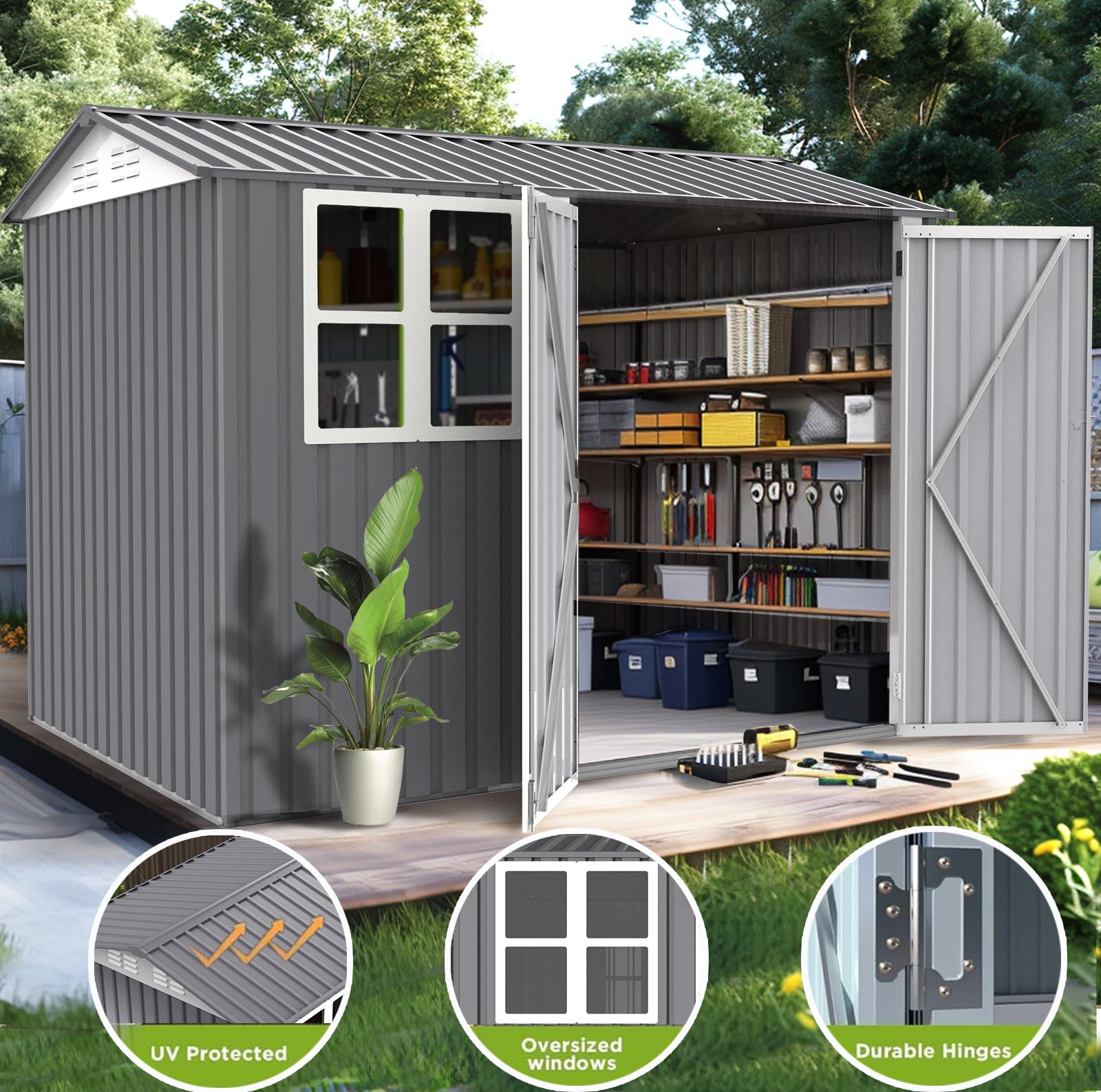 Large Metal Outdoor Storage Shed, 6 x 8 Ft, with Window, Galvanized Steel, Gray, for Backyard Garden Tools