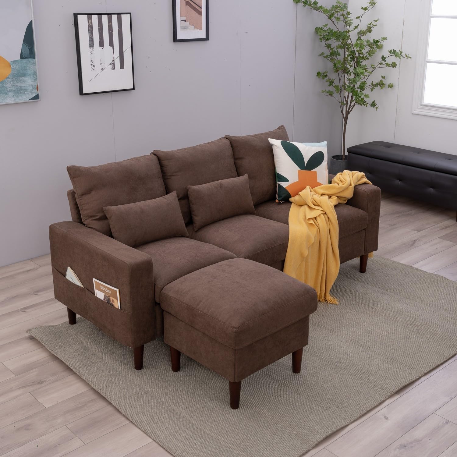 Panana Sectional Sofa Modern Deep 3-Seat Sofa Couch with Ottoman, Upholstered Furniture for Living Room, Apartment, Studio, Office (Black Artificial Leather, Track Arms)