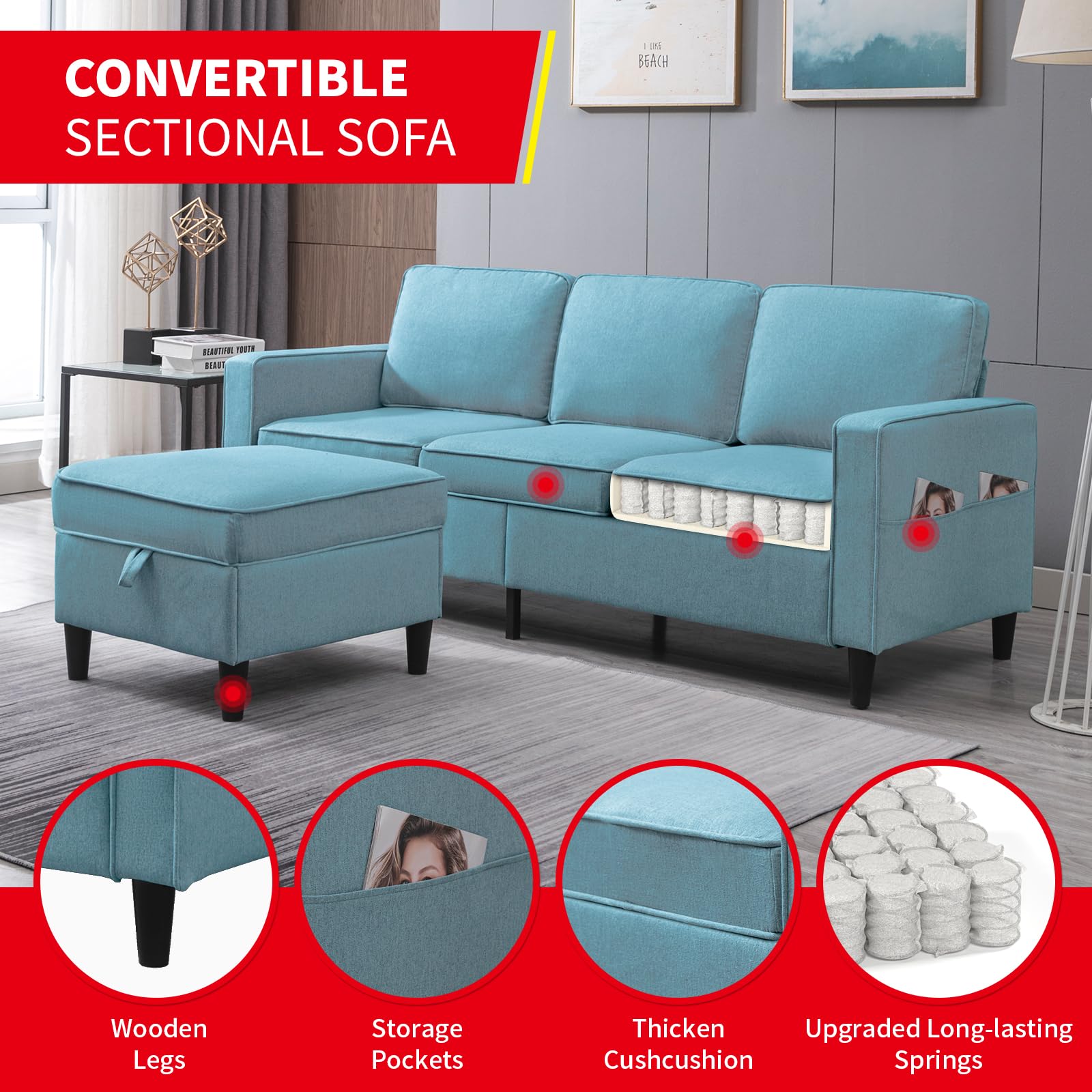 PUREMIND 78 Inches Convertible Sectional Sofa, Linen L-Shaped Sofa Couch with Reversible Storage Ottoman, Wooden Legs, 3-Seat Sectional Couches for Small Space, Apartment, Office (Blue)…
