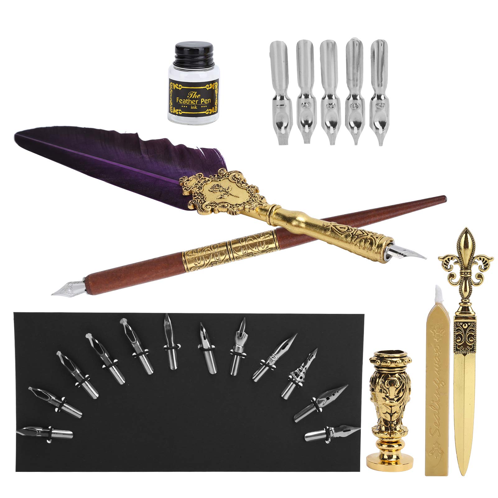 Feather Pen Set,Calligraphy Writing Drawing Quill Dip Kit Vintage Art Craft Collection Writing Paper Calligraphy Pen Ink Set(Purple)