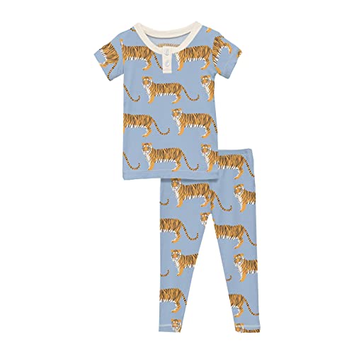 KicKee Pants Print Pajama Set, Short Sleeve Henley Collar Style PJ’s, Ultra Soft and Snug Fitting (Pond Tiger - 4T)