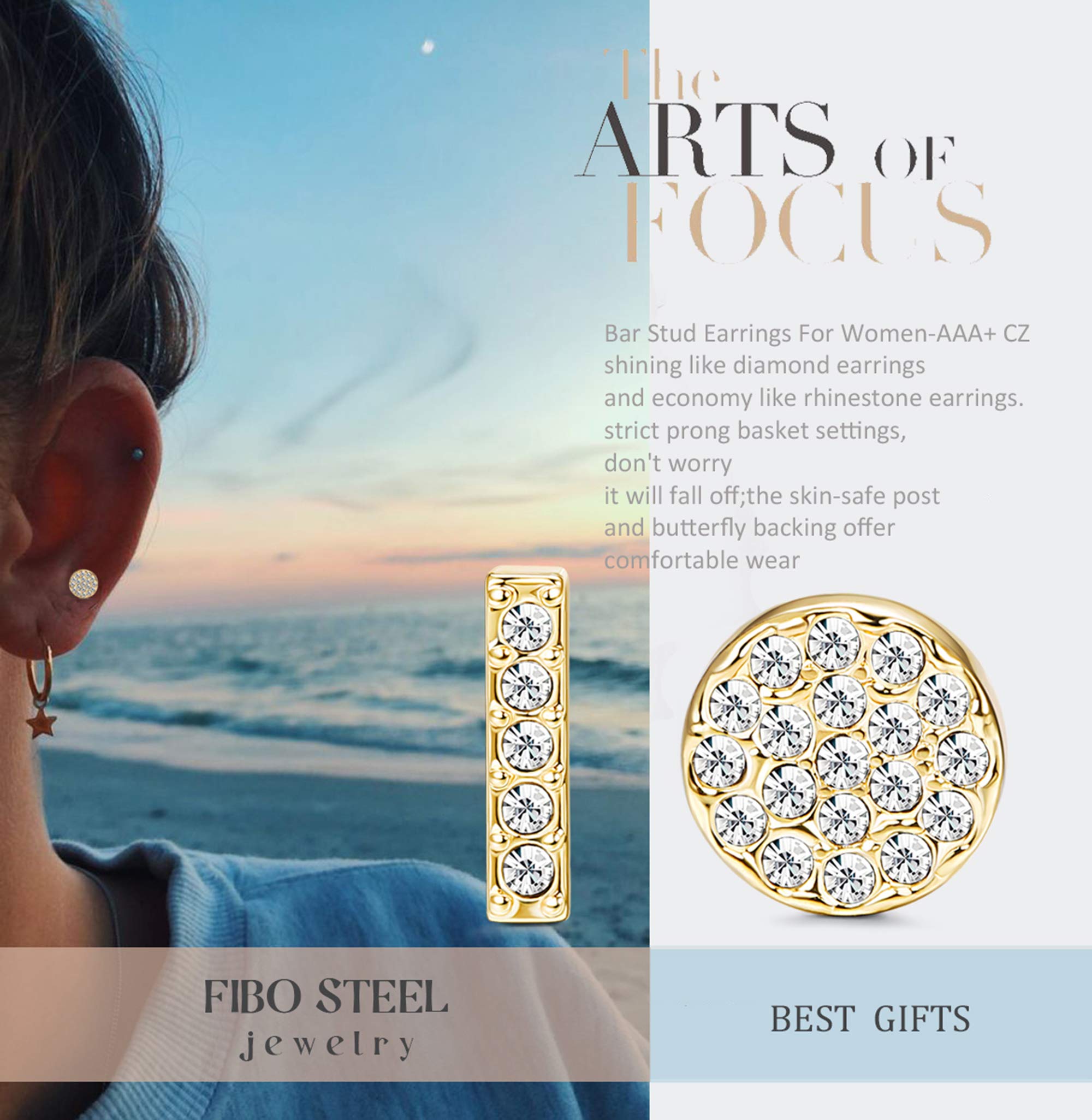 FIBO STEEL 8 Pairs Stainless Steel Star Bar Stud Earrings for Women Cute CZ Stud Earring Set Gold
