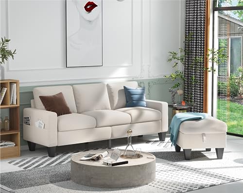 Sunrise Coast Sectional L-Shaped Sofa Modern Linen Fabric 3-Seat Couch with Convertible Storage Ottoman Beige Living Room Furniture Set for Apartment Loft Small Spaces