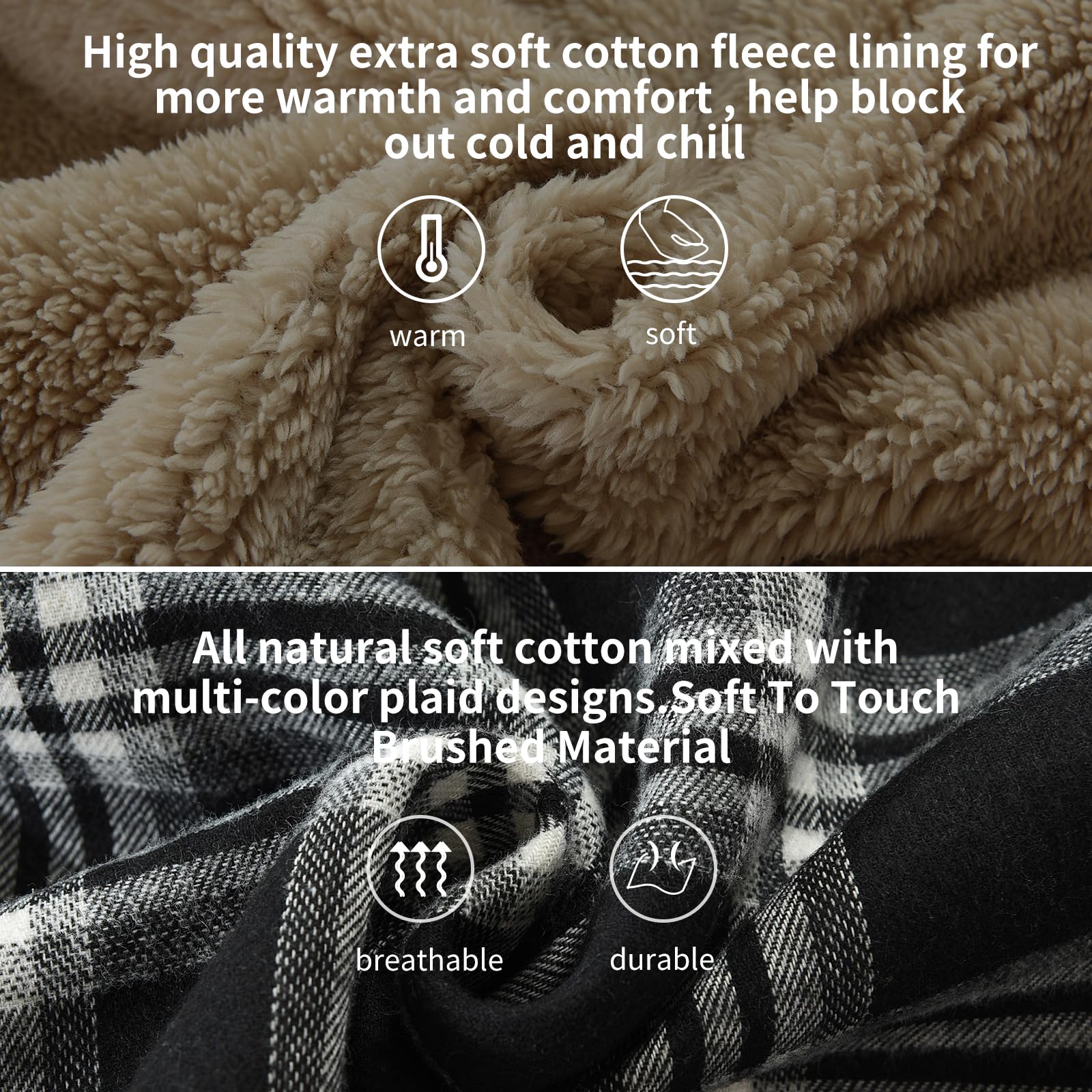 Elesuit Men's Flannel Shirt Jacket Plaid Full Zip Hoodie Fleece Lightweight Jacket Warm Winter Casual Thick Coats Black Large