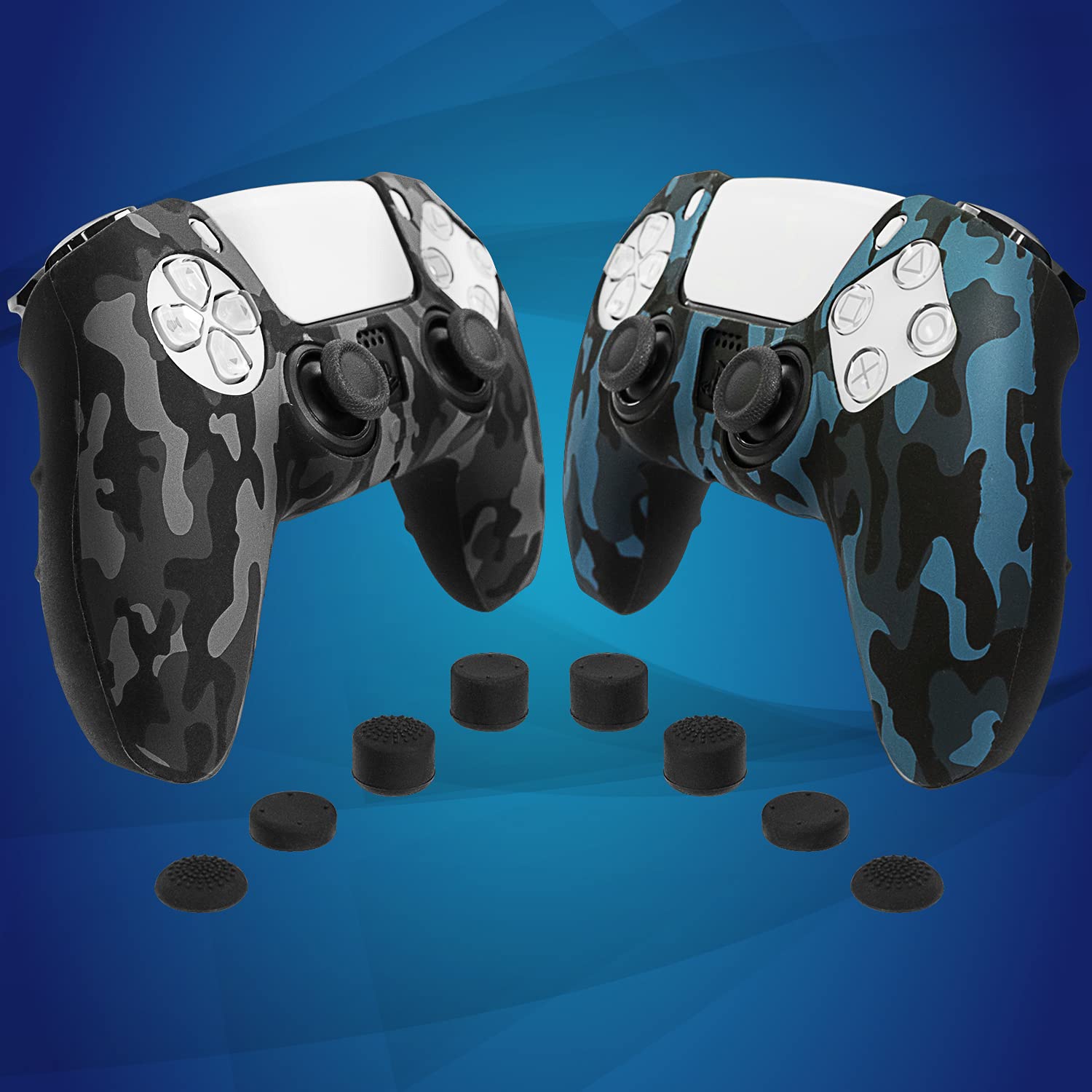 Fosmon Non-Slip Skin Protective Case Cover Compatible with Playstation PS5 DualSense Controller (2 Pack - Black), Sweat Proof Silicone Rubber Gel Skin with 8 Thumb Grips Analog Cap