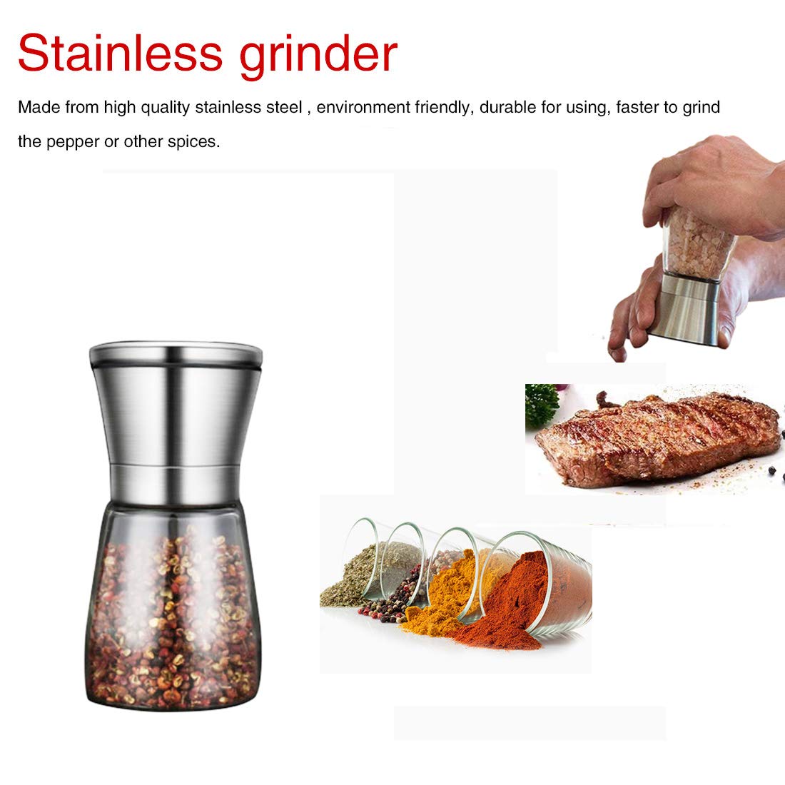 GTNINE Stainless Steel Salt and Pepper Grinders Salt Shakers Adjustable Coarseness for Sea Salt Pepper Spices Mill