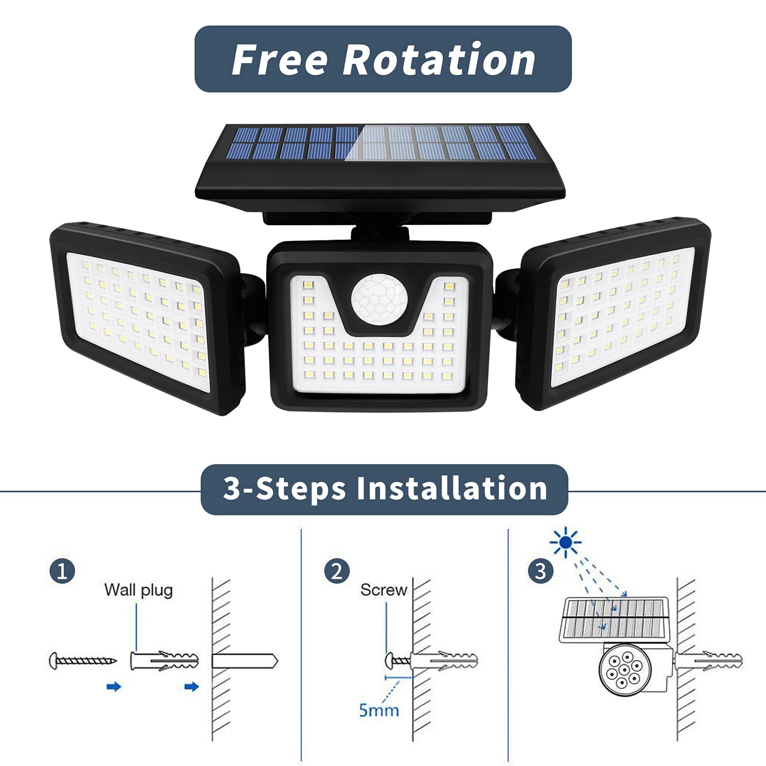 INCX Solar Outdoor Lights with Motion Sensor, 3 Heads Security Lights Solar Powered, 118 LED Flood Light Motion Detected Spotlight for Garage Yard Entryways Patio, IP65 Waterproof 2 Pack