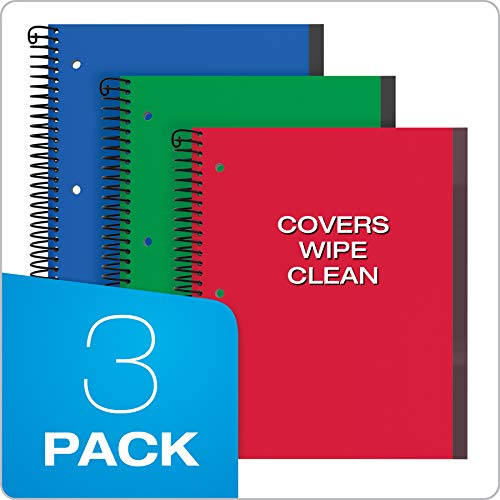 Oxford Spiral Notebook 3 Pack, 3 Subject, Wide Rule, Durable Plastic Covers, Strong Coil, 3 Pockets, 8.5 x 11, 150 Sheets, Red, Green, Blue (89804)