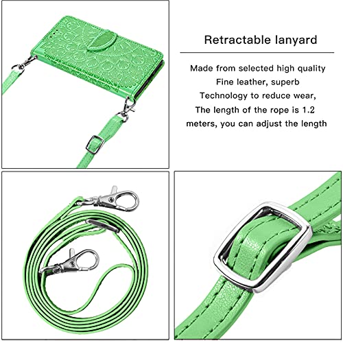 ONV Wallet Case for Oppo Reno 7 SE -1.5M Adjustable Strap Emboss Feather Flip Phone Case Card Slot Magnet Leather Shell Flip Stand Cover for Oppo Reno 7 SE [MZY] -Green