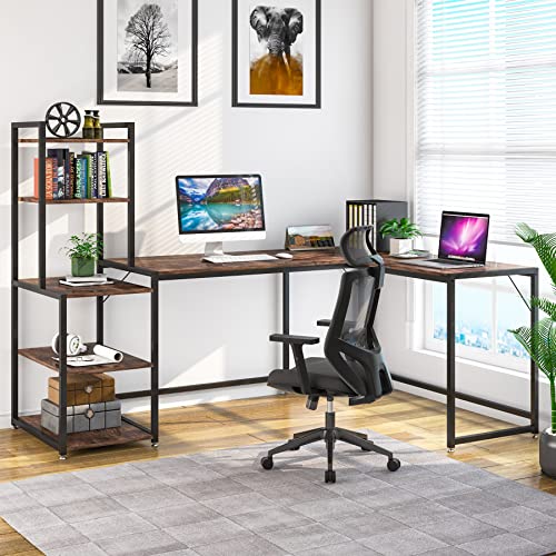 Tribesigns 79 Inch Reversible L-Shaped Desk, Industrial Large Corner Desk with 5 Tier Storage Shelves, Large L Desk Home Office Desk Computer Table Writing Desk, Rustic Brown