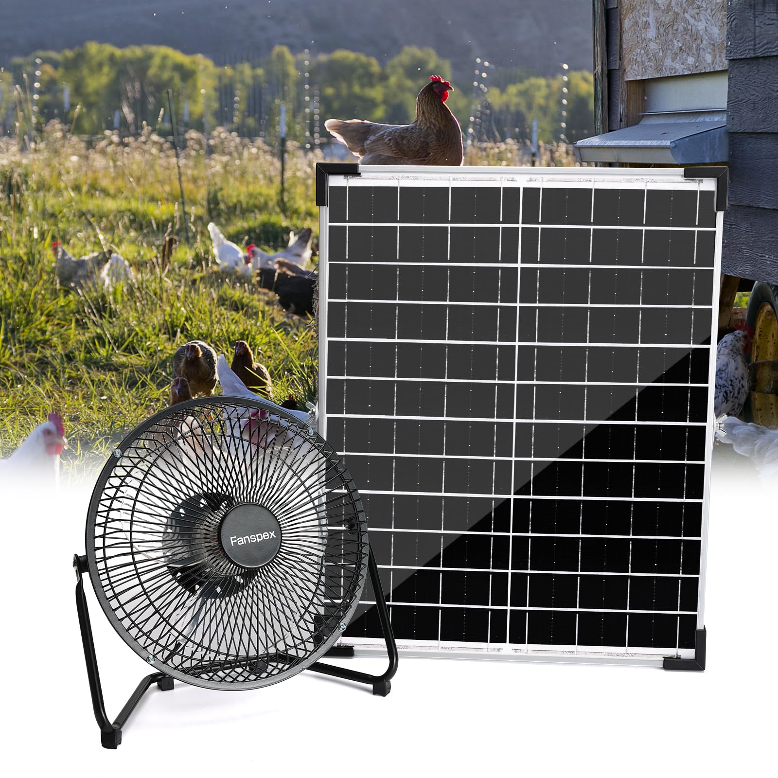 Fanspex 8" Solar Fan, 20W Solar Panel Powered Fan Kit for Outdoor Cooling 7/24 Use, High Velocity Portable Floor Fan for Outside Chicken Coop, Small Greenhouse, Dog House, 2-Speeds, 40dB Low Noise