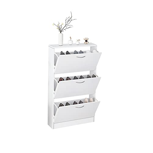 Karl home Narrow Shoe Cabinet for Entryway, Freestanding Shoe Rack with 3 Flip Drawers Doors, Adjustable Tipping Wood Hidden Storage Organizer for Hallway Apartment Foyer, White