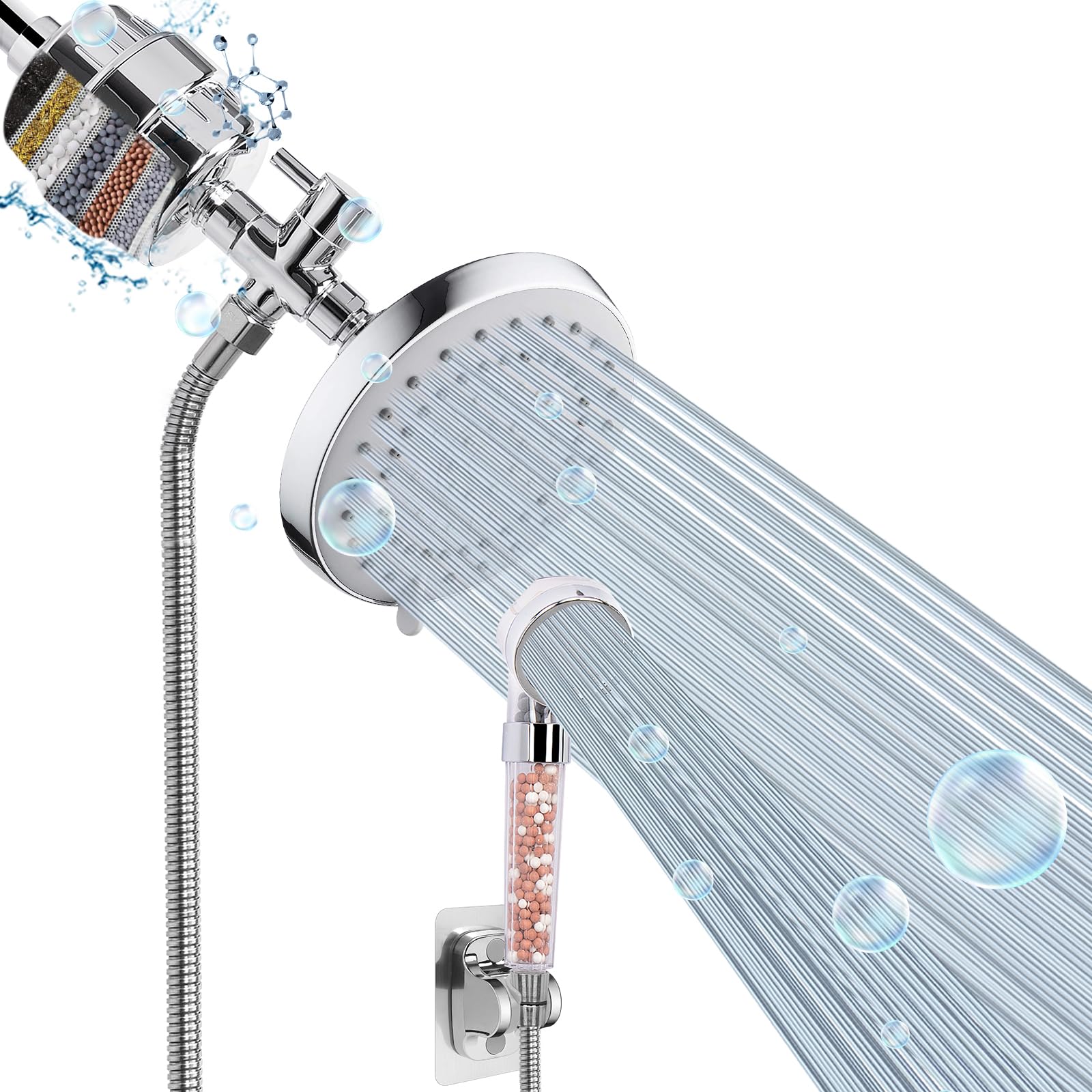 High Pressure 5 Setting Rain Shower Head Combo, HarJue Filter Shower Head, Dual Shower Head Set for Hard Water, Remove Chlorine Fluoride and Harmful Substances, Chrome (With Filter & Handheld)