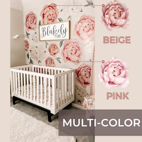 Wonder Space Jumbo Peony Watercolor Wall Decals - Large Size Peonies Flowers Leaves Room Wall Stickers - Scandinavian Design Floral (Pink & White)