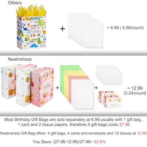 Neatnsharp 17" Large Birthday Gift Bag with Tissue Paper; Gift Bags for Presents - 4 Pack Large Birthday Gift Bags with Handles - (4 Gift Bags, 12 Tissue Paper, 4 Birthday Cards and 4 Envelopes)