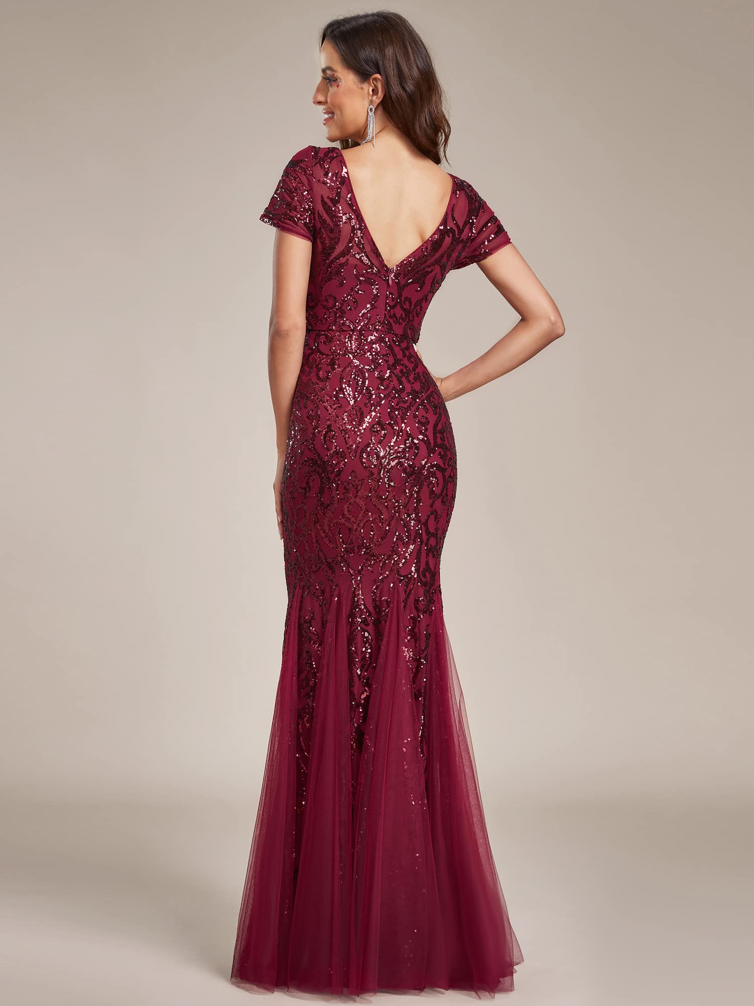 Ever-Pretty Women's Tulle Sequin Bodycon Open Back Mermaid Formal Gowns and Evening Dress Burgundy US8