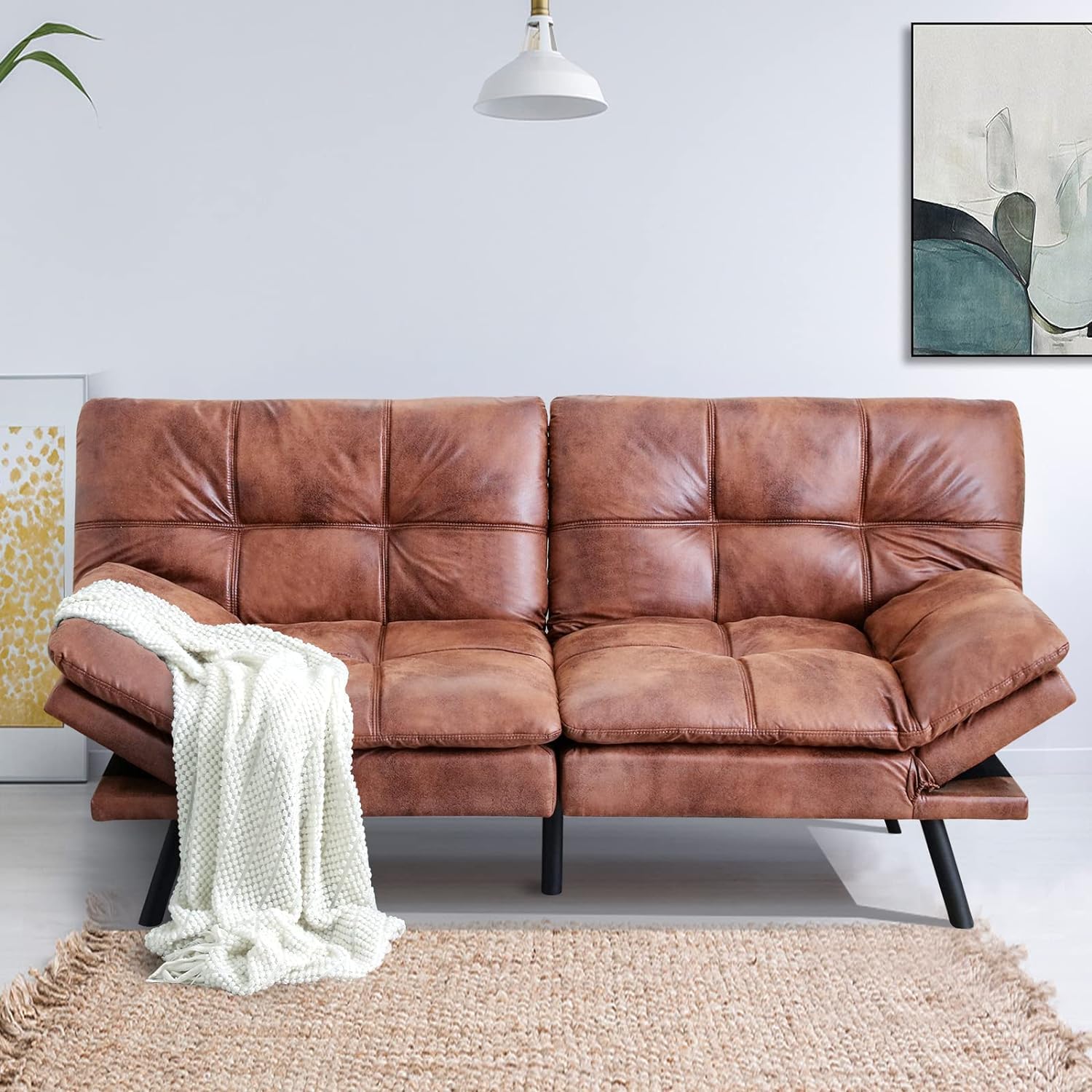 MUUEGM Convertible Memory Foam Futon Bed Modern Love Seat Sofa Sleeper Couch for Living Room,Office,Small Space Sofabed, Brown