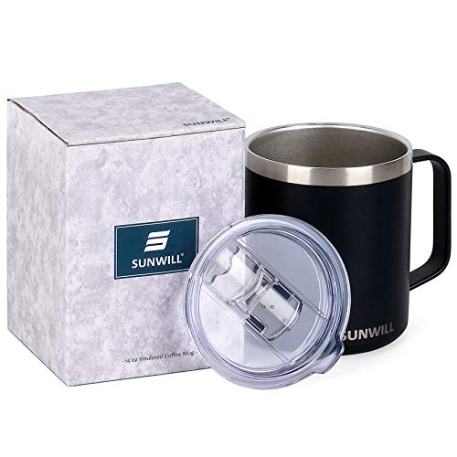 SUNWILL Coffee Mug with Handle, 14oz Insulated Stainless Steel Reusable Coffee Cup, Double Wall Coffee Travel Mug, Powder Coated Black