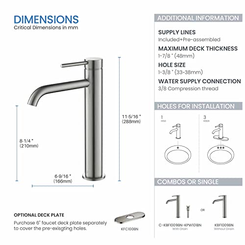 KIBI KBF1009 Solid Brass Single Handle Circular Faucet for Bathroom Sink | High Arc Faucet spout (Brushed Nickel)