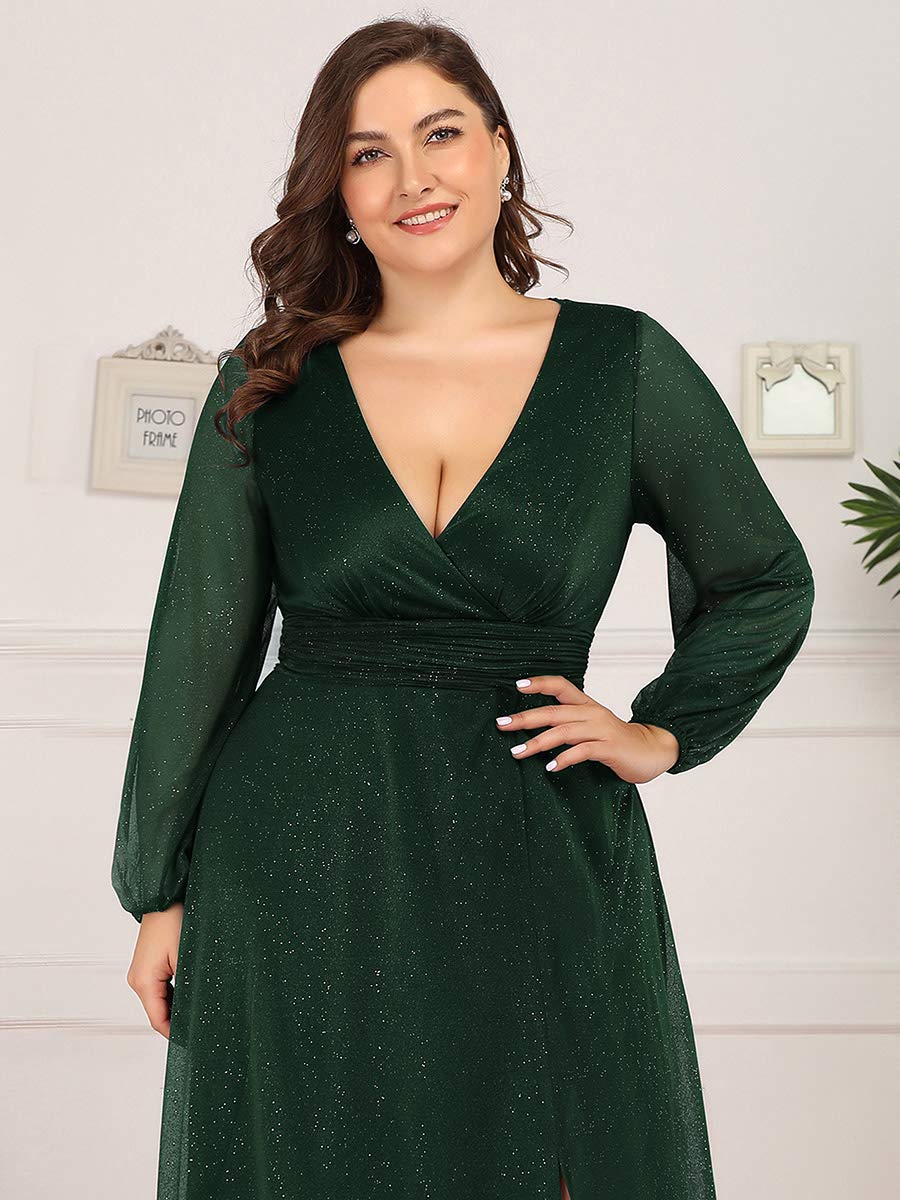 Ever-Pretty Women's Glitter A Line High Slit V-Neck Plus Size Formal Gowns and Evening Dresses Dark Green US16