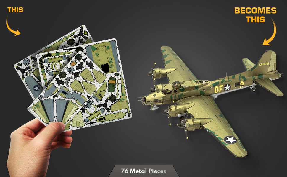 Fascinations Metal Earth B-17 Flying Fortress Color 3D Metal Model Kit Bundle with Tweezers