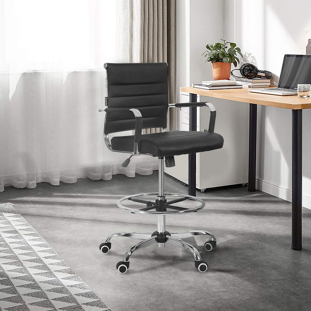 Drafting Chair Stool Office 400lbs Footrest Leather – Tall Arms Counter Adjustable Mid-Back Tilt-Tension Control Rocker Lumbar Support Swivel Rolling for Standing Desk 45"(Black, Ribbed Leather)