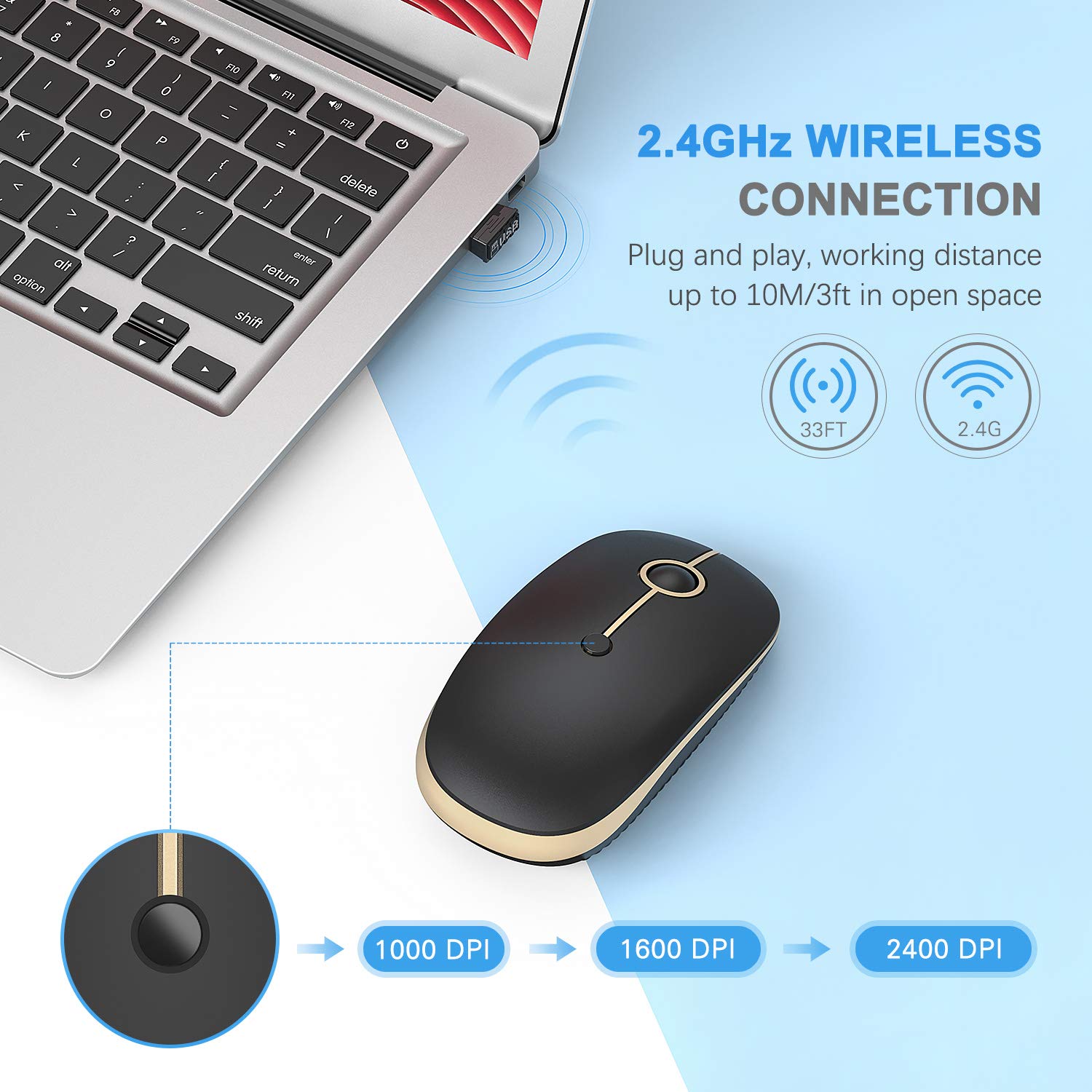 TechGarden Wireless Bluetooth Mouse, Dual Mode (Bluetooth 4.0 + USB) Silent Bluetooth Wireless Mouse with USB Nano Receiver, 3 DPI Levels for MacBook, Laptop, PC, Tablet - Black & Gold