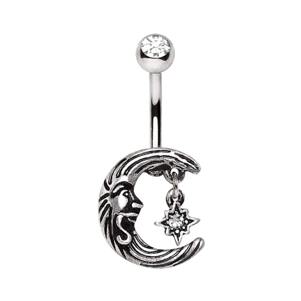 Dynamique 316L Surgical Steel Vintage Moon and Star Belly Button Ring (Sold Per Piece)