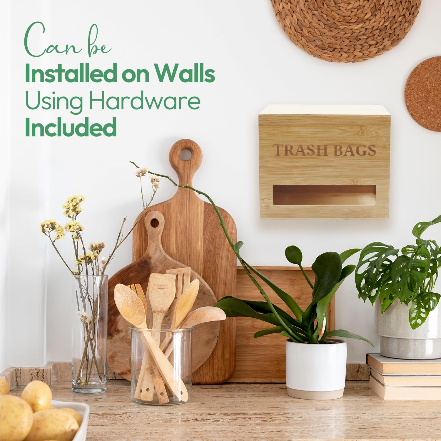 Largest Club Size Trash Bag Holder 10"x8.25"- Dispenser Holds 200 Bags & Regular Size Rolls, Convenient Design, Countertop or Wall-Mounted, Sturdy Bamboo, Easy to Clean