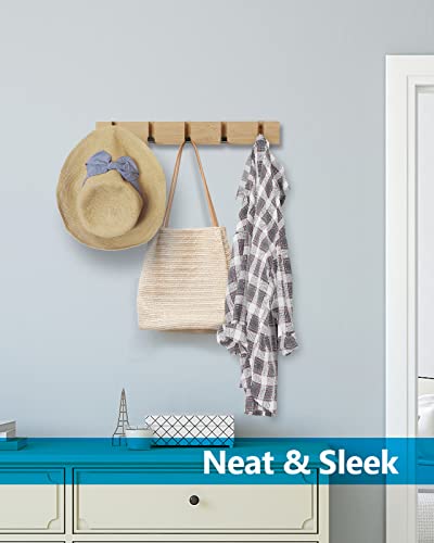 JSVER Wooden Coat Hooks Coat Rack Wall Mount, Space-Saving Coat Rack with 5 Standard Retractable Hooks, Hat Coat Hook for Entryway, Hallway, Bathroom, Living Room, Bedroom