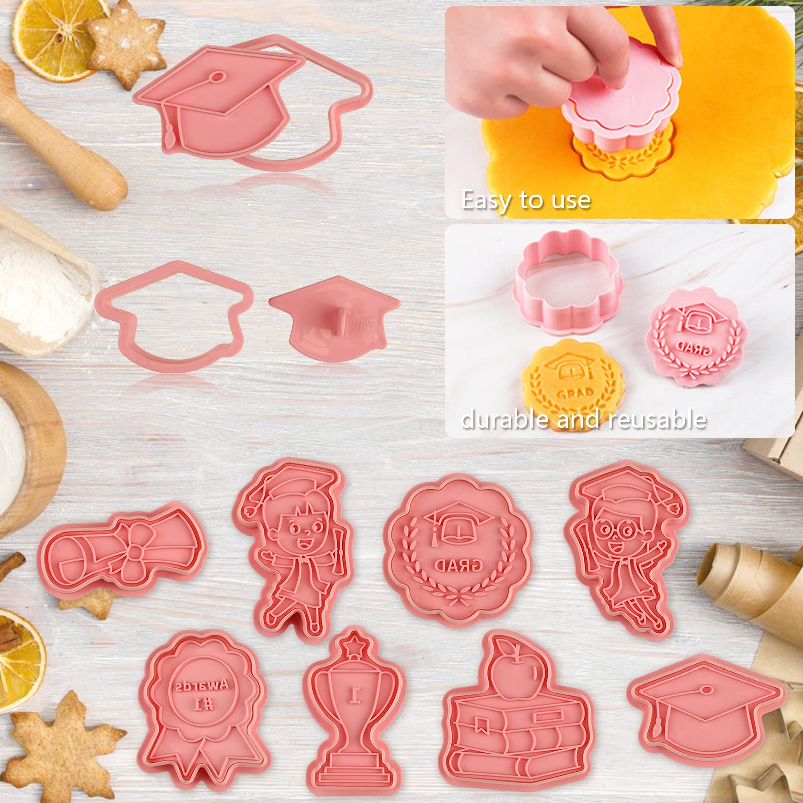Graduation Cookie Cutters Set, 8 Pcs Cookie Cutter with Plunger Stamps, Cute Cookie Cutters for DIY Biscuit Snacks Cheese Baking