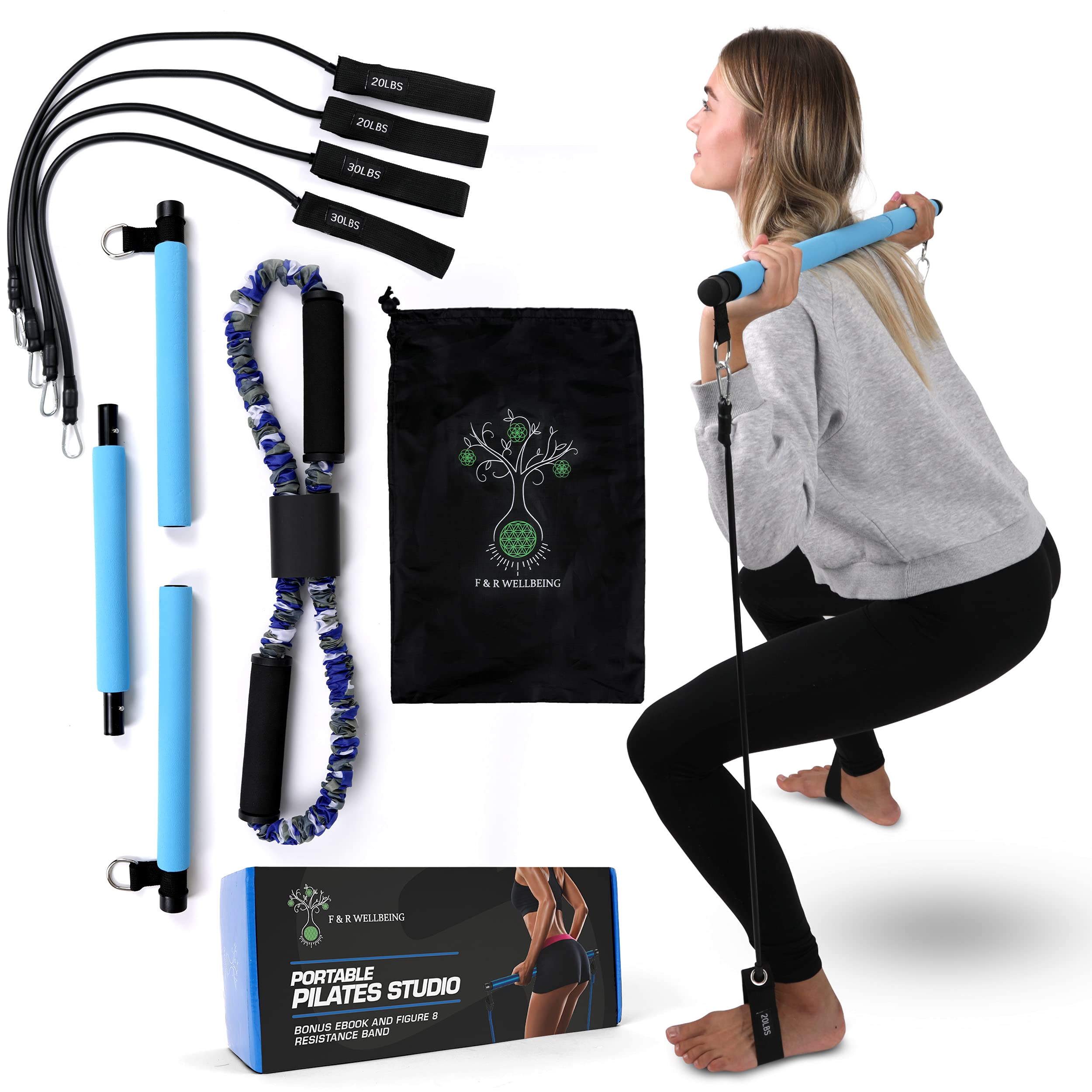 F & R Wellbeing Pilates Bar Kit Home Gym Equipment – 3 Sections Portable Bar with Workout Bars Resistance – Body Sculpting Stretch Bands for Exercise – Ideal Exercise Bar for Home, Travel, Office