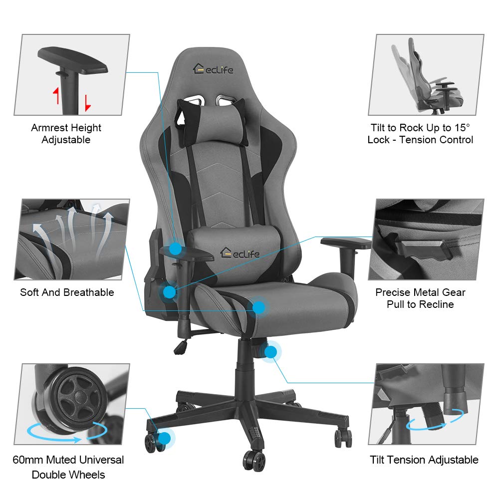 eclife Gaming Chair Ergonomic Racing Office Chair, Composite Linen Recliner, Computer Desk Chair,W/Massage Lumbar Support,Headrest Armrest,Rocking 360 Swivel Task Chair, 350 lbs