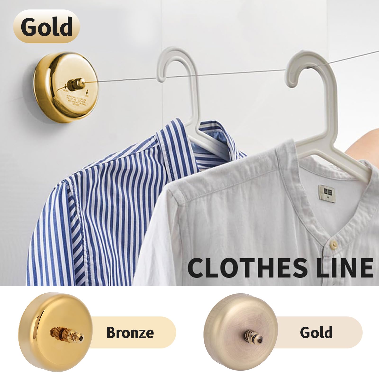 Retractable Clothesline, 304 Stainless Steel Heavy Duty Shower Clothesline Clothes Line Wall Mounted Retractable Laundry Line Laundry Accessories(Gold)