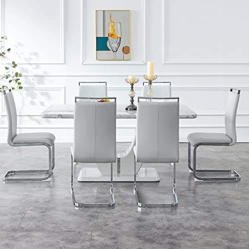 JUFU Modern Dining Table Set for 6,Rectangula Kitchen Table Set with Faux Marble Tabletop&6 Pu Leather Upholstered Chairs Ideal for Dining Room, Kitchen (Light Grey, 1 Table with 6 Chairs)