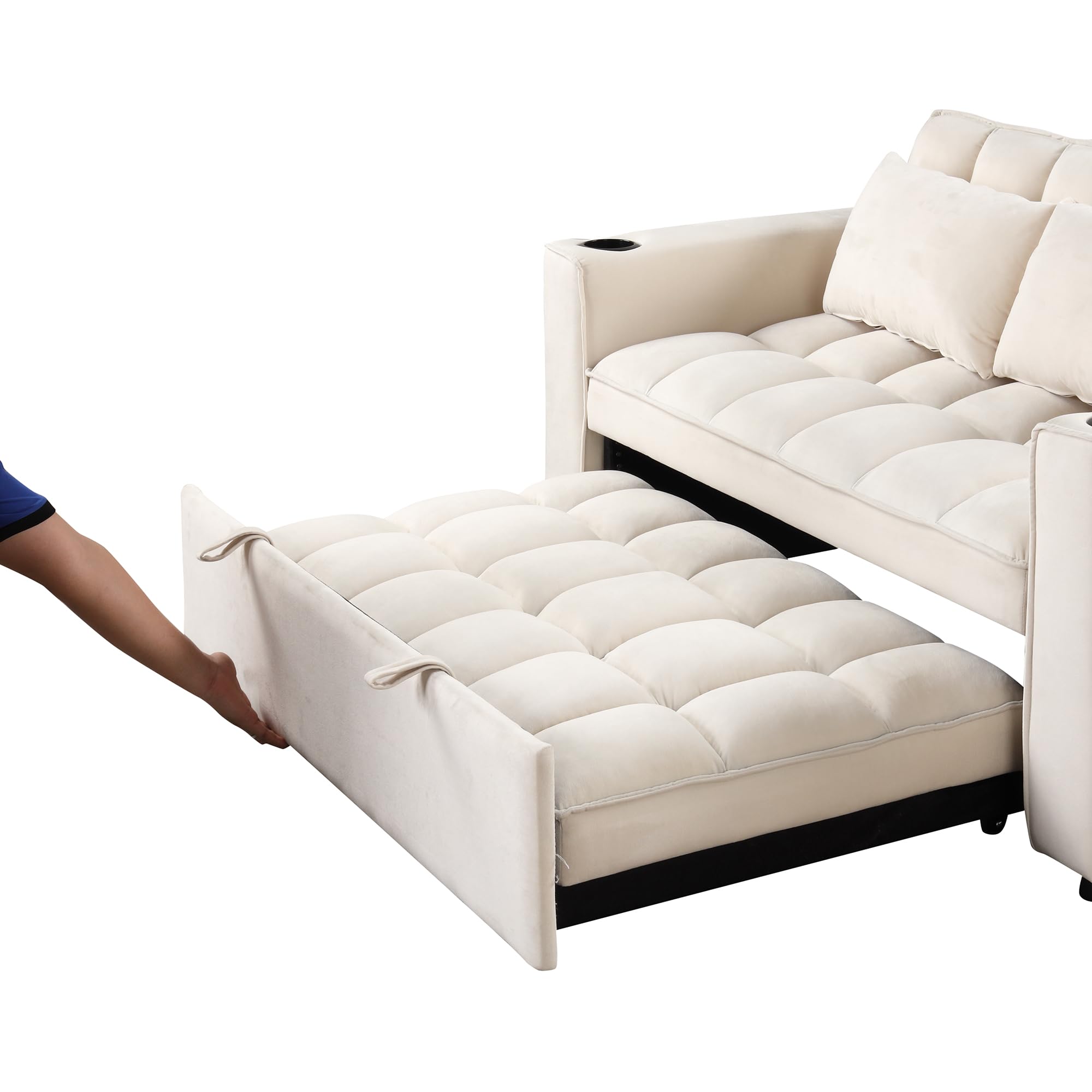 Merax 58" 4-1 Multi-Functional Velvet Sofa Bed with Cup Holder and USB Port for Living Room or Apartments Love Seats, Milky White