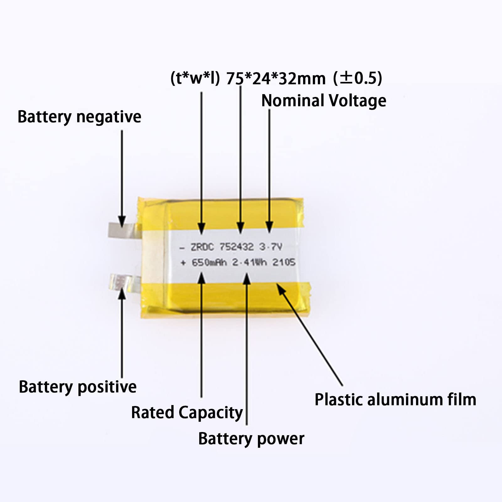 Jieoto 3.7V 650mAh Lithium Polymer Battery 752432 Lithium Polymer ion Battery Pack Rechargeable Battery with JST Connector (2 pcs)