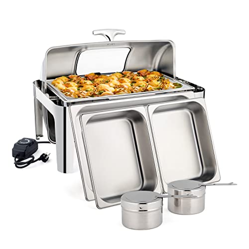 ROVSUN 9 QT Stainless Steel Chafing Dish Buffet Set with Electric & Fuel Heating,Roll Top Catering Chafer Server with Full Size & 2 Detachable Food Pans, Glass Lid for Party Wedding Banquet