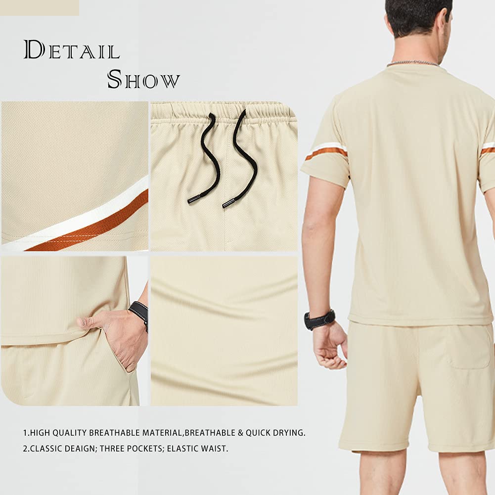 DUOFIER Men's Casual Tracksuit Short Sleeve Running Jogging Athletic Sweat Suits Set, Khaki-2XL