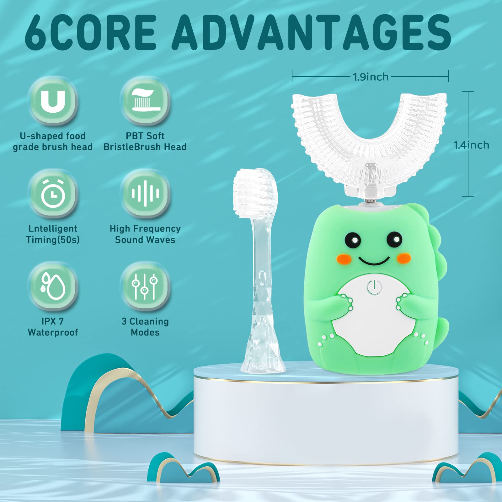 Kids Electric Toothbrushes, U Shaped Ultrasonic Toothbrush, Rechargeable Kids Toothbrush w/Smart Timer, 3 Brush Heads Replacement, 3 Clean Modes, IPX7 Water Resistant for Child 2-6