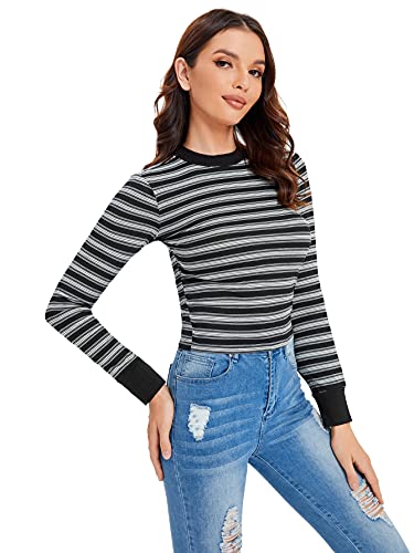 SheIn Women's Striped Mock Neck Shirt Top Long Sleeve Turtleneck Tee T-Shirts Black Stripe Medium