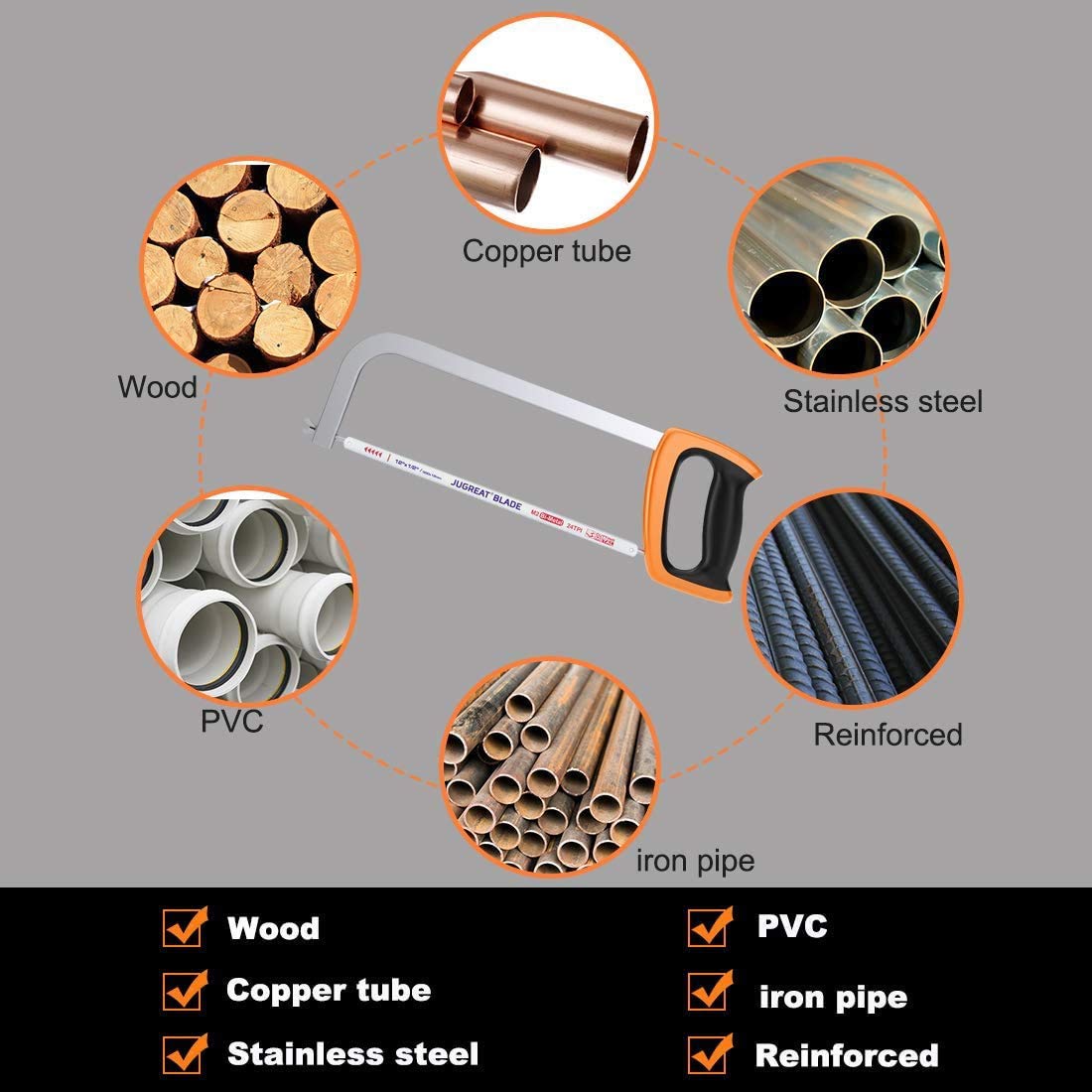 JUGREAT 12" Hacksaw Blades Replacement Bi-Metal,Bi-Metal Safe Flex Metal,High Speed Steel -24TPI (5 Pack)