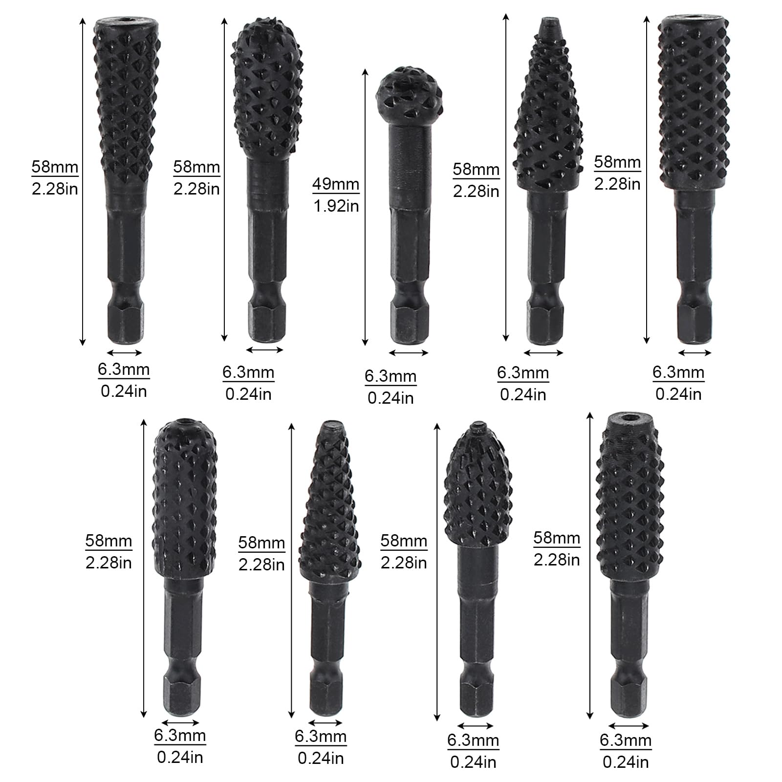 Omninmo 10pcs Rotary Burr Wood Carving Rasp Files Set for Woodworking Carving & Rubber Deburring, Shaping and Grooving, with 1/4" Hex Shank Wood Carving Rasp Files