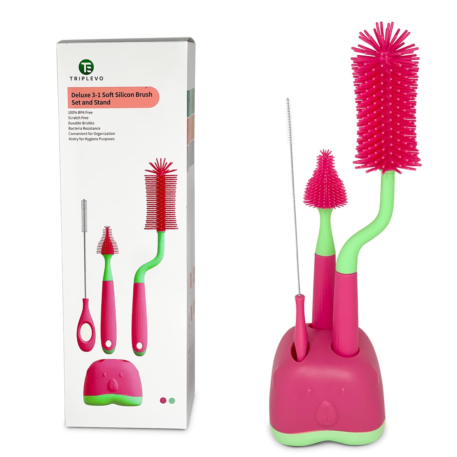 Triplevo 3 in 1 Silicone Baby Bottle Cleaning Brush Kit with Stand – Baby Cleaning Brush Set for Baby Milk Bottles Straws Breast Pumps & Other Accessories – Capable to 360° Overall Cleaning (Pink)