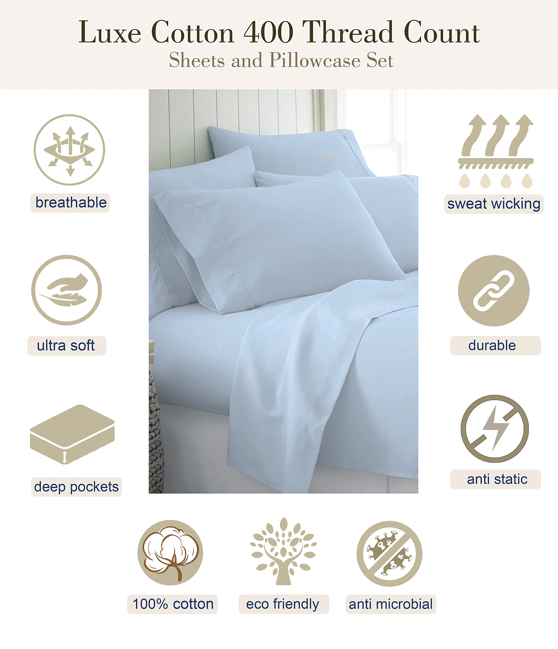 Dormir Light Blue Queen Sheets Set Cotton 400 Thread Count, Sateen Weave Long Staple Cotton 4 Piece Bed Sheet Set, 16 inches Deep Pocket Queen Sheet Set