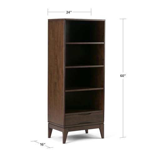 SIMPLIHOME Harper SOLID HARDWOOD 24 Inch Mid Century Modern Bookcase with Storage in Walnut Brown, For the Living Room, Study Room and Office