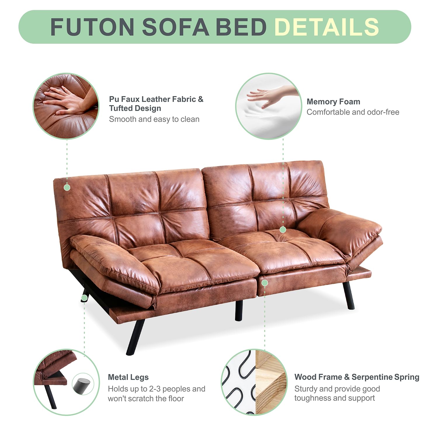 MUUEGM Futon Sofa Bed,Convertible Futon Couch, Memory Foam Futon, Sofa Bed Couch,Modern Loveseat Sofa,Comfy Sleeper Sofa for Compact Space,Apartment, Living Room,Easy Assemble,Brown