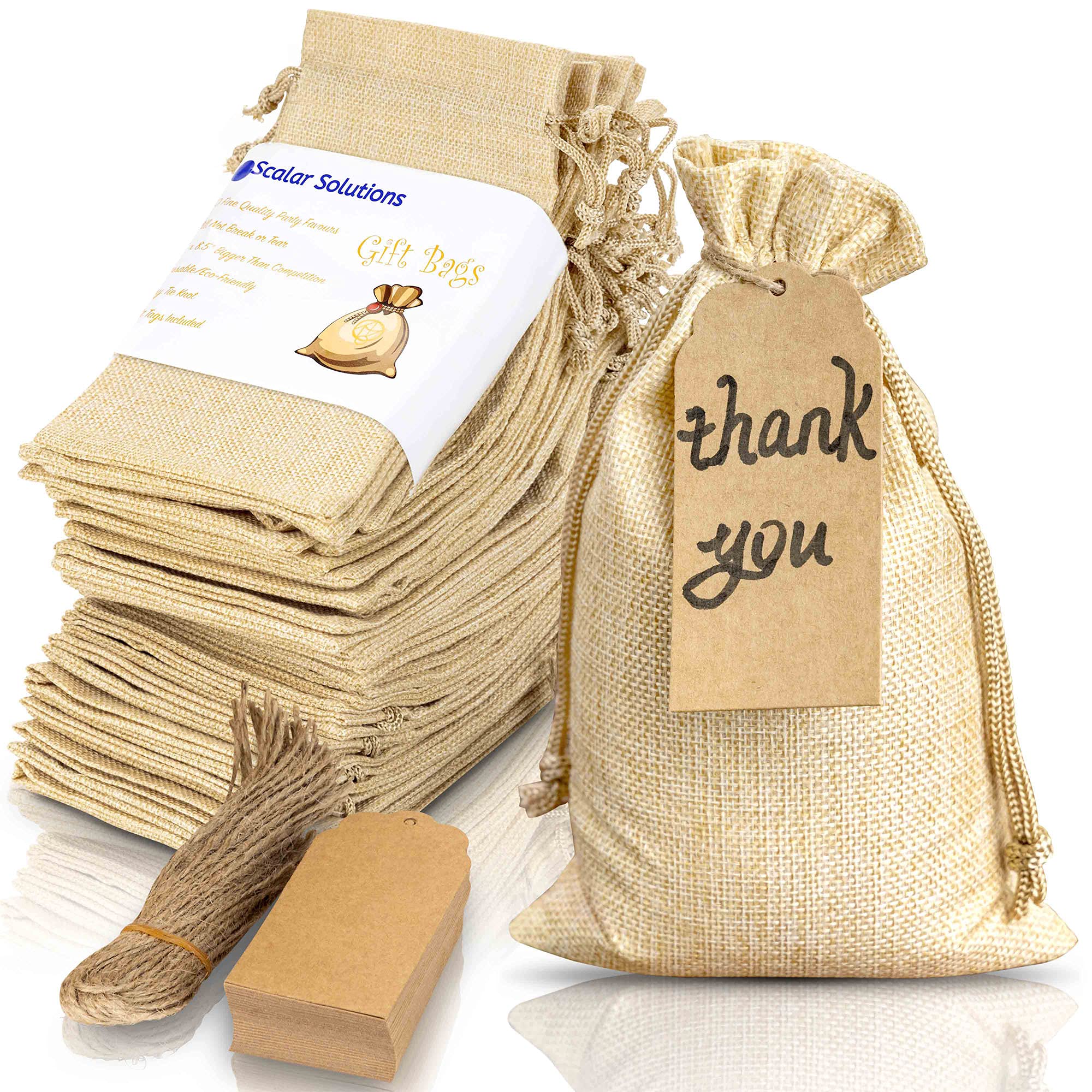 SCALAR SOLUTIONS 50 PCS Burlap Gift Bags - EASY TIE KNOT, WONāT BREAK OR TEAR, Large 5ā x 8.5ā Hessian Jute Linen Fabric Muslin Bags with Drawstring