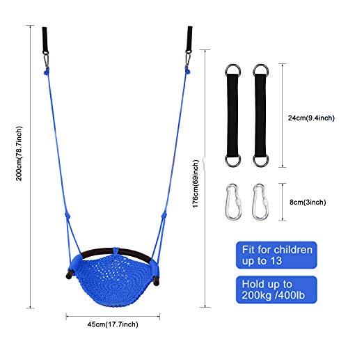 Swing Seat for Kids Heavy Duty Rope Play Secure Children Swing Set,Perfect for Indoor,Outdoor,Playground,Home,Tree,with Snap Hooks and Swing Straps,440 lbs Capacity,Blue
